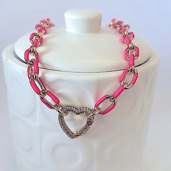 Jewelry | Gold Hot Pink Enamel Link Chain Wpave Crystal Carabiner Clasp ...